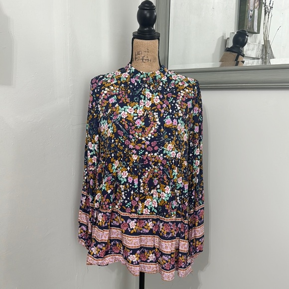 easel | Tops | Easel Blue Floral Blouse With Long Sleeves And Mock Neck ...